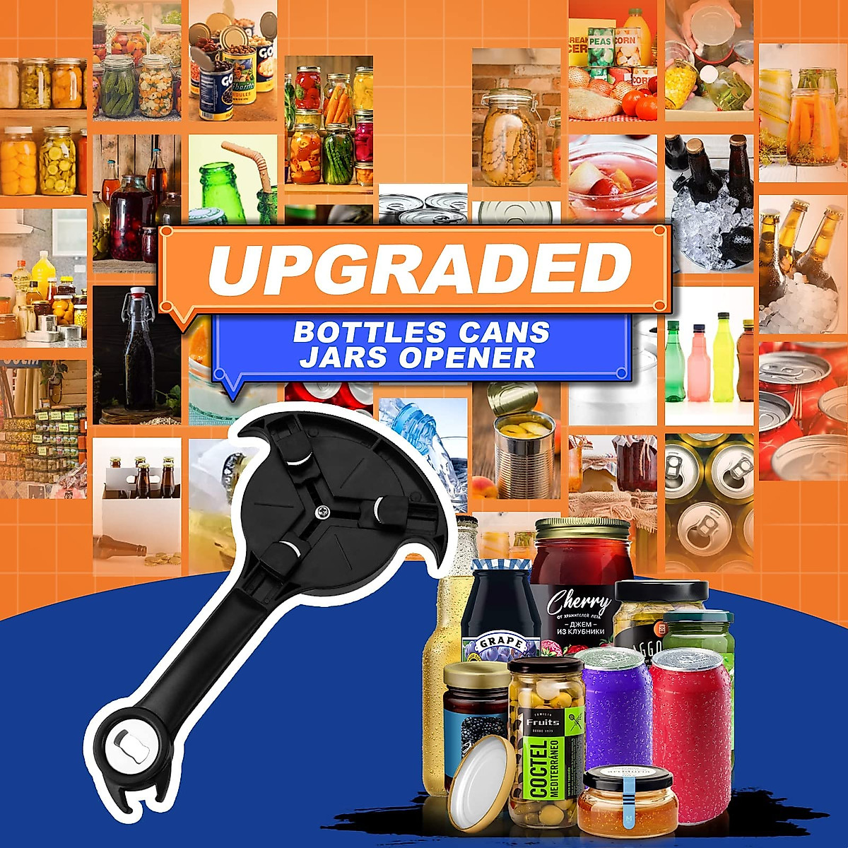 Powerful and Multifunctional Jar Opener for Seniors with Arthritis, Adjustable Jar Lid Opener for Weak Hands, 3-in-1 Labor-Saving Jar and Bottle Opener Opens Pop-Top Cans Beer Bottles Soda Cans