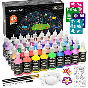 Shuttle Art Fabric Paint Set, 45 Colors 3D Permanent Paint with Brushes Palette Fabric Pen Fabric Sheet Stencils, Glow in The Dark, Glitter,Metallic Colors for Textile Fabric T-Shirt Jeans Glass