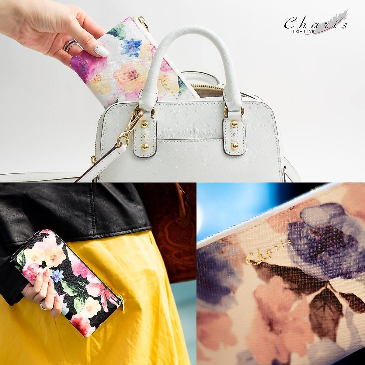 Charis HIGH FIVE Vegan Leather Botanical Floral Slim Wallet for Women Card Coin Purse Flower - Black