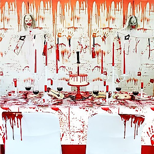 OQOQ Halloween Tablecloth 2 Packs, Bloody Red Handprints Plastic Table Cloth Disposable Halloween Party Decorations Rectangular Waterproof Table Cover for Horror Scary Party Decor 54x108 Inches
