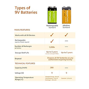 Amazon Basics 4-Pack 9 Volt Alkaline Everyday Batteries, 5-Year Shelf Life
