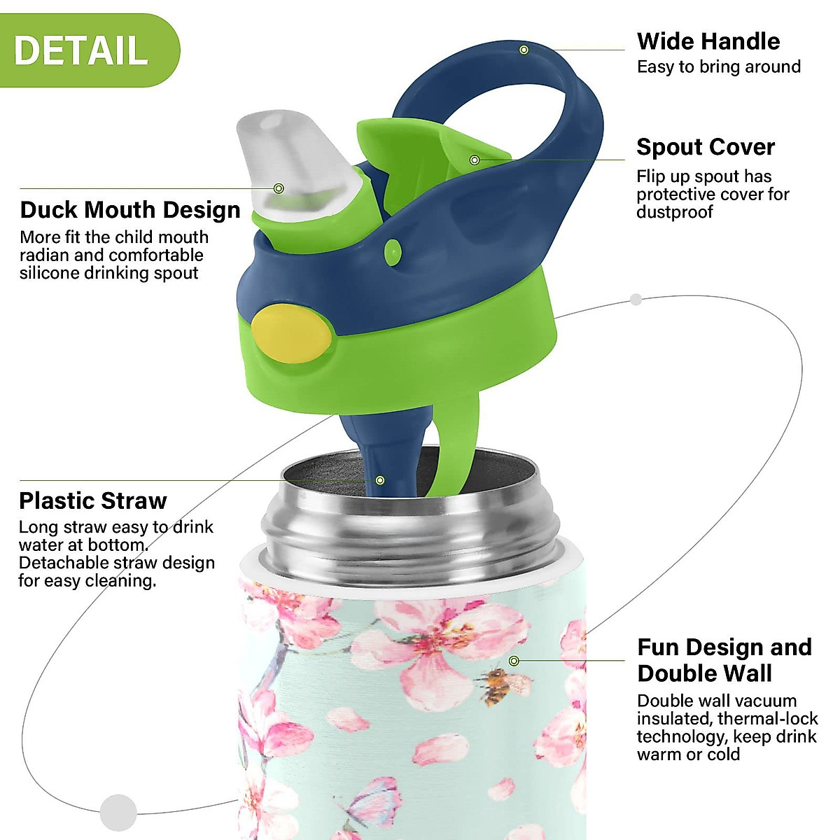 Pink Flowers Kids Water Bottle, BPA-Free Vacuum Insulated Stainless Steel Water Bottle with Straw Lid Double Walled Leakproof Flask for Girls Boys Toddlers, 12Oz