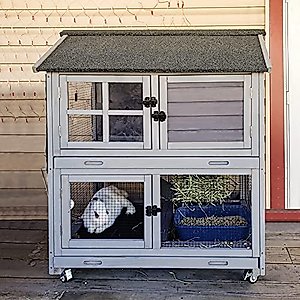 Rabbit Hutch Indoor Rabbit Cage for Small Animals Outdoor Bunny Cage with Movable Wire Netting, Guinea Pig Habitat On Wheels,Pull Out Leak Proof Tray (Grey+Camel)