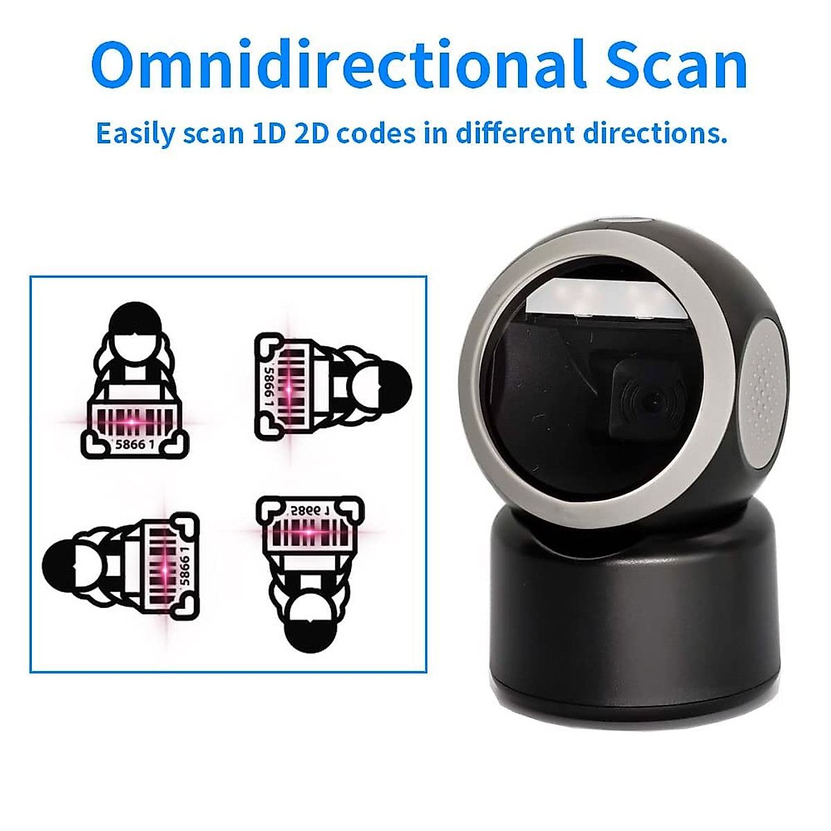 Alacrity 2D 1D QR Desktop Barcode Scanner, Omnidirectional Hands Free USB Wired Barcode Reader, Capture Codes on Screen, 3300DW, Black