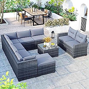 Cotoala 9-Piece Outdoor Patio Large Wicker Sofa Set, PE Rattan Conversation Sectional Couch with Ottoman and Glass Coffee Table for Garden, Backyard, Porch and Poolside, Grey