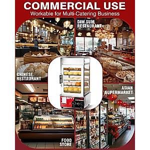 PYY Bun Steamer Electric Food Display - Upgrade Automatic Temperature Control 5 Layers Display Stainless Steel Commercial Bun Steamer For Kiosk, 1200W/110V