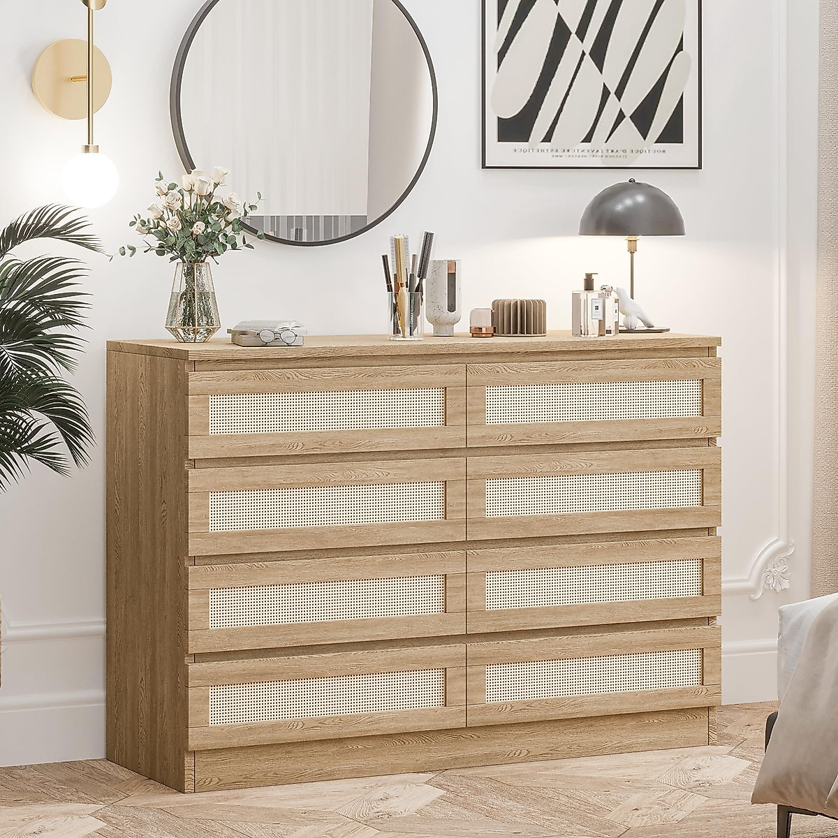 GarveeHome Rattan Dresser for Bedroom, Modern 8 Drawer Wooden Dresser Chest, Wide Wood Beside Table for Closet, Nursery, Living Room and Entryway, Natural
