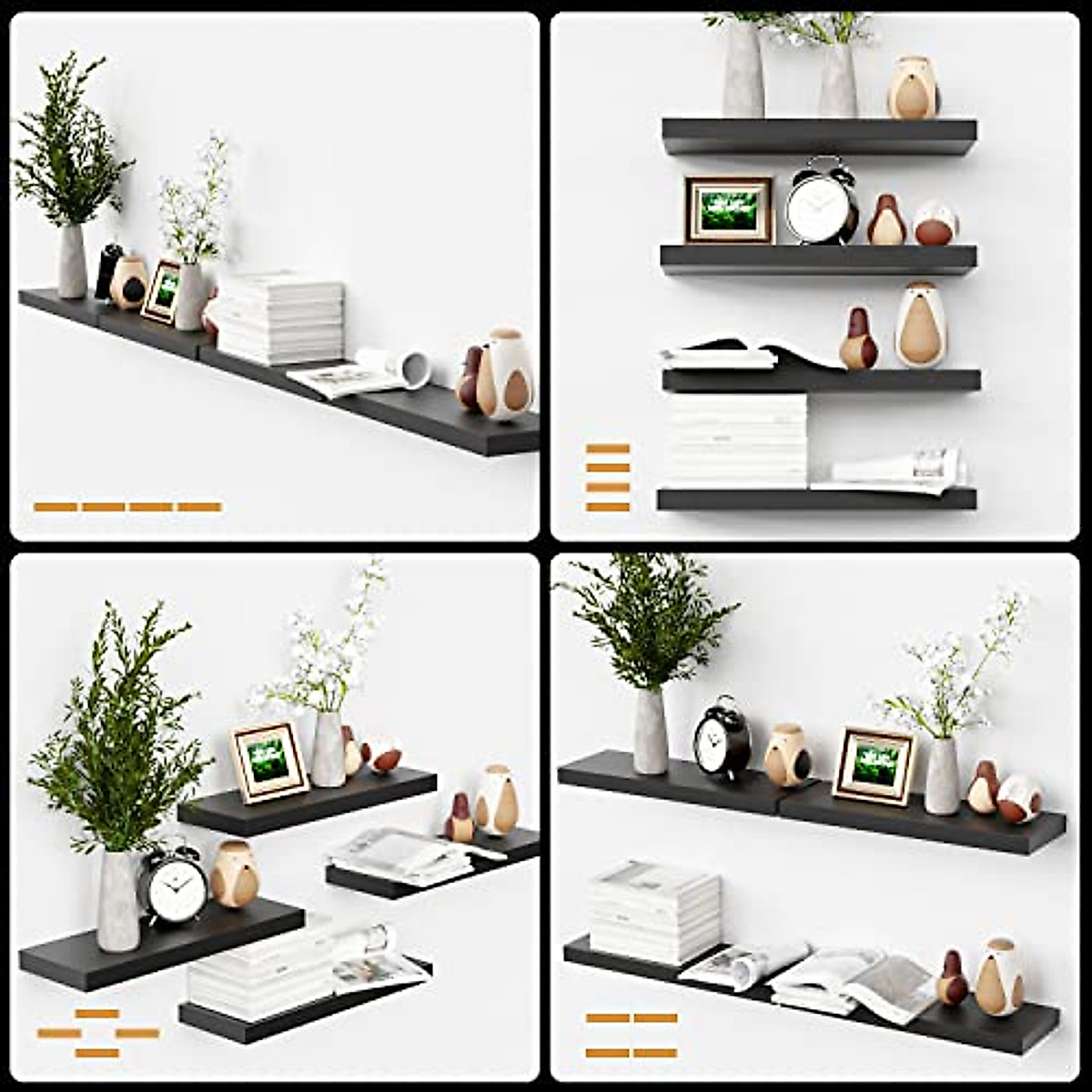 Boswillon 4 Sets Black Floating Shelves with Invisible Brackets,Modern Shelf for Bedroom,Bathroom, Kitchen Wall Decor – Black