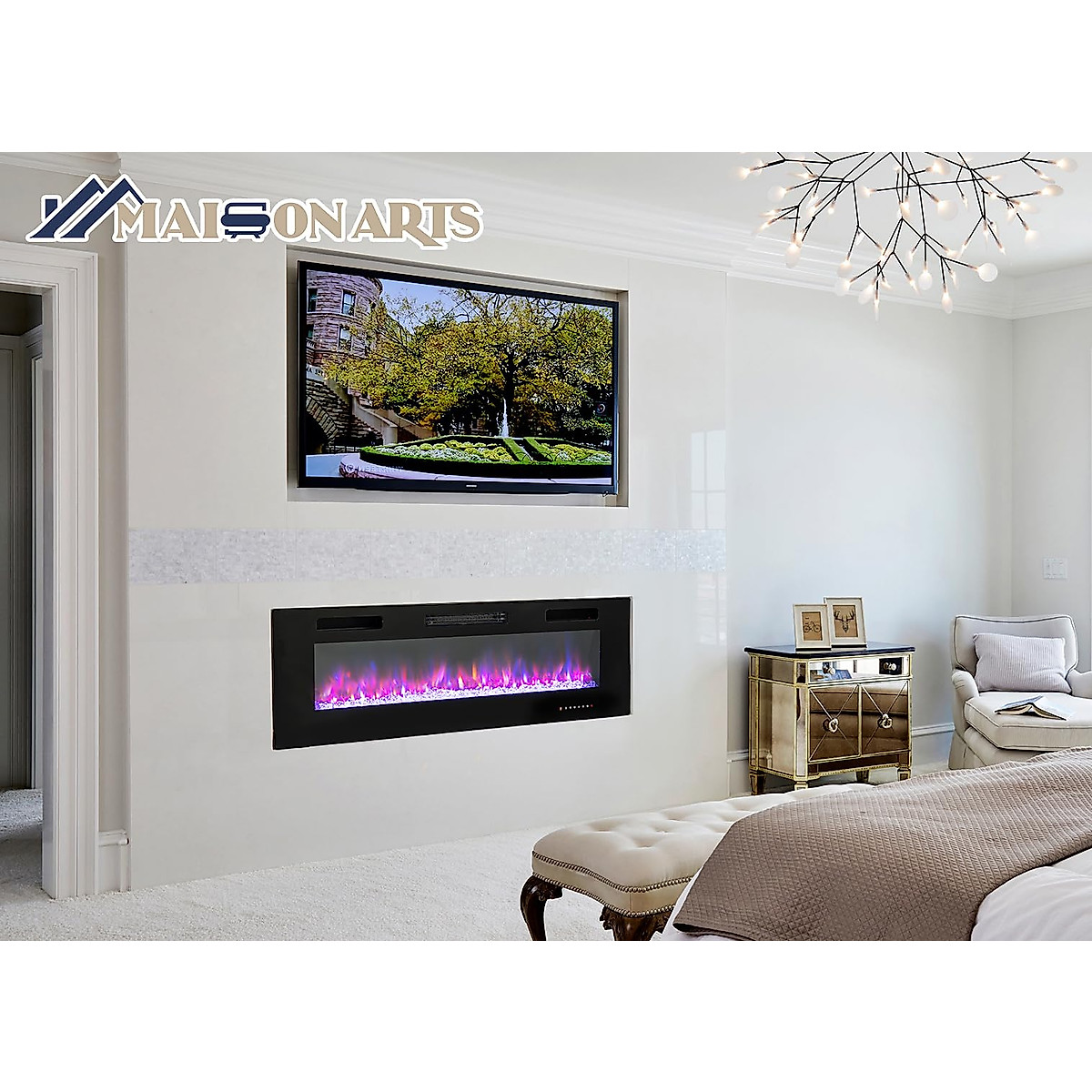 MAISON ARTS 50" Electric Fireplace Indoor Wall Mounted & Recessed Fireplace Heater with Remote Control & Touch Screen,8hrs Timer, Adjustable Flame & Bed Colors and Speed for Bedroom Living Room,1500W