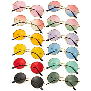 Blulu 12 Pairs 60s 70s Hippie Circle Sunglasses for Women Men Retro Hippie Glasses Round Tinted Lens Sunglasses Pack Vintage Hipster Small Hippie Eyewear for Men Women Masquerade Costumes Party Gifts