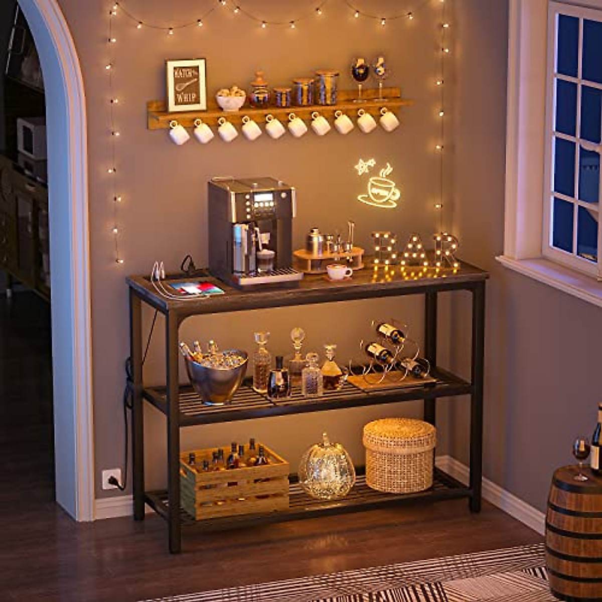 Ecoprsio Console Table with Outlets, Sofa Table with Double Mesh Shelves, Industrial Entryway Table Foyer Table for Entryway, Front Hall, Hallway, Sofa, Couch, Living Room, Coffee Bar, Kitchen, Grey