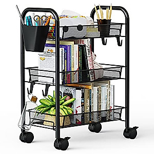 Greensen 3 Tier All-Metal Rolling Cart, Laundry Office Bathroom Storage Organizer Cart with Wheels, Easy-Carry and Assembly Mesh Trolley Cart with Practical Bucket and Hooks, Slide-Out Narrow Shelf