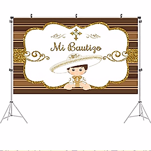 Mi Bautizo Baptism Backdrop,Mexican Hat Boy Gold Dots Brown Stripes Baby Shower Spanish Themed Party Decorations Supplies for Photography Background 5x3ft Banner Photo Booth