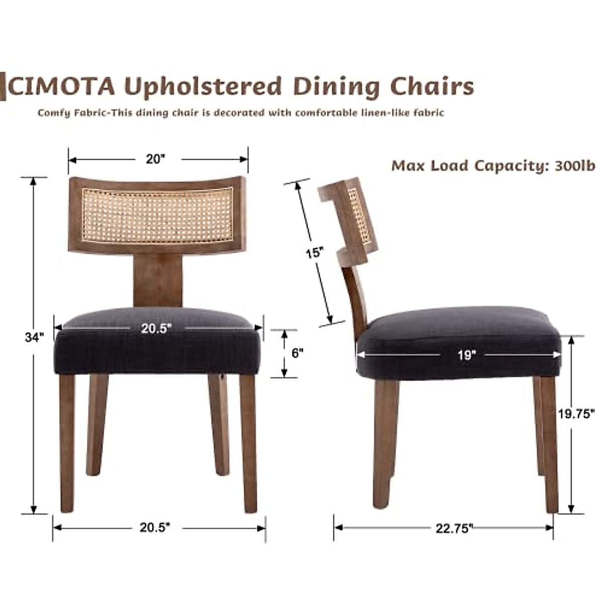 CIMOTA Upholstered Rattan Dining Chairs Set of 2 Mid Century Modern Kitchen & Dining Room Chairs Linen Farmhouse Armless Side Chair with Wood Frame/Curved Backrest, Charcoal
