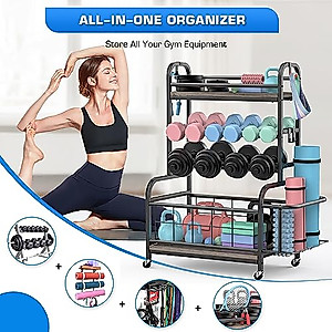 Yoga Mat Storage Rack, Home Gym Storage Yoga Mat Organizer Holder, Sehloran Dumbbell Rack With Hooks and Wheels, Weight Rack for Dumbbells and Kettlebells, Workout Equipment Weight Stand for Home Exercise and Fitness Gear (Metal)