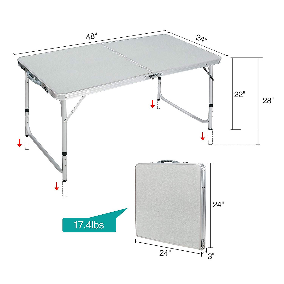 CAMPMOON Folding Camping Table 4 Foot, Lightweight Portable Aluminum Folding Table with Adjustable Legs, Great for Outdoor Cooking Picnic, White