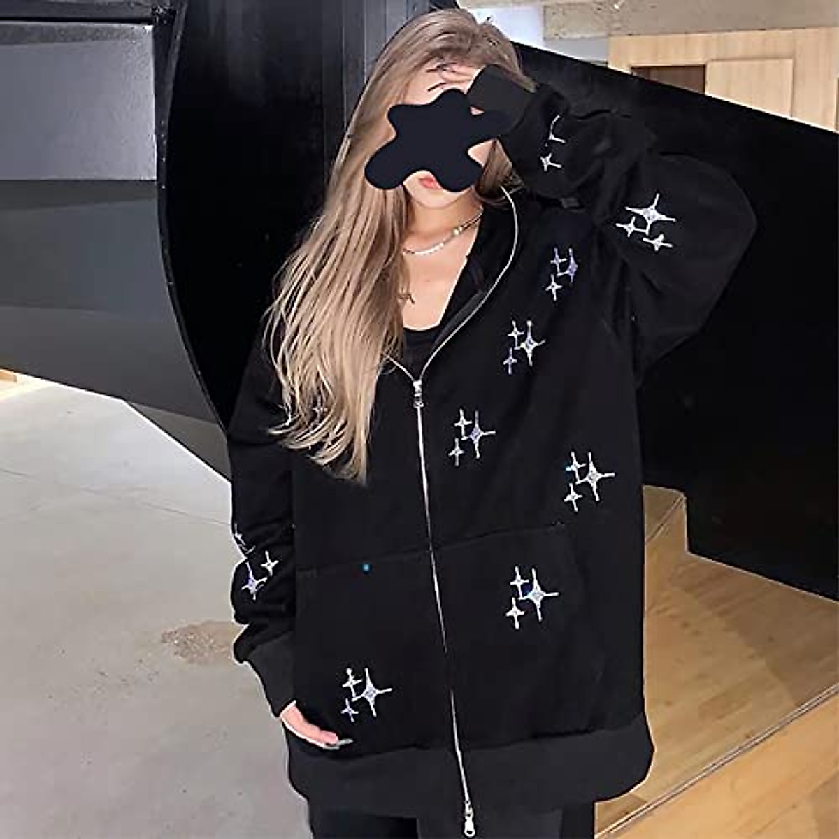 INFENU Gothic Hoodie Hat Print Dark Hoodie Harajuku Hoodie Sportswear Trend Full of Rhinestones Stars Street Hip Hop (XL,X-Large) Black