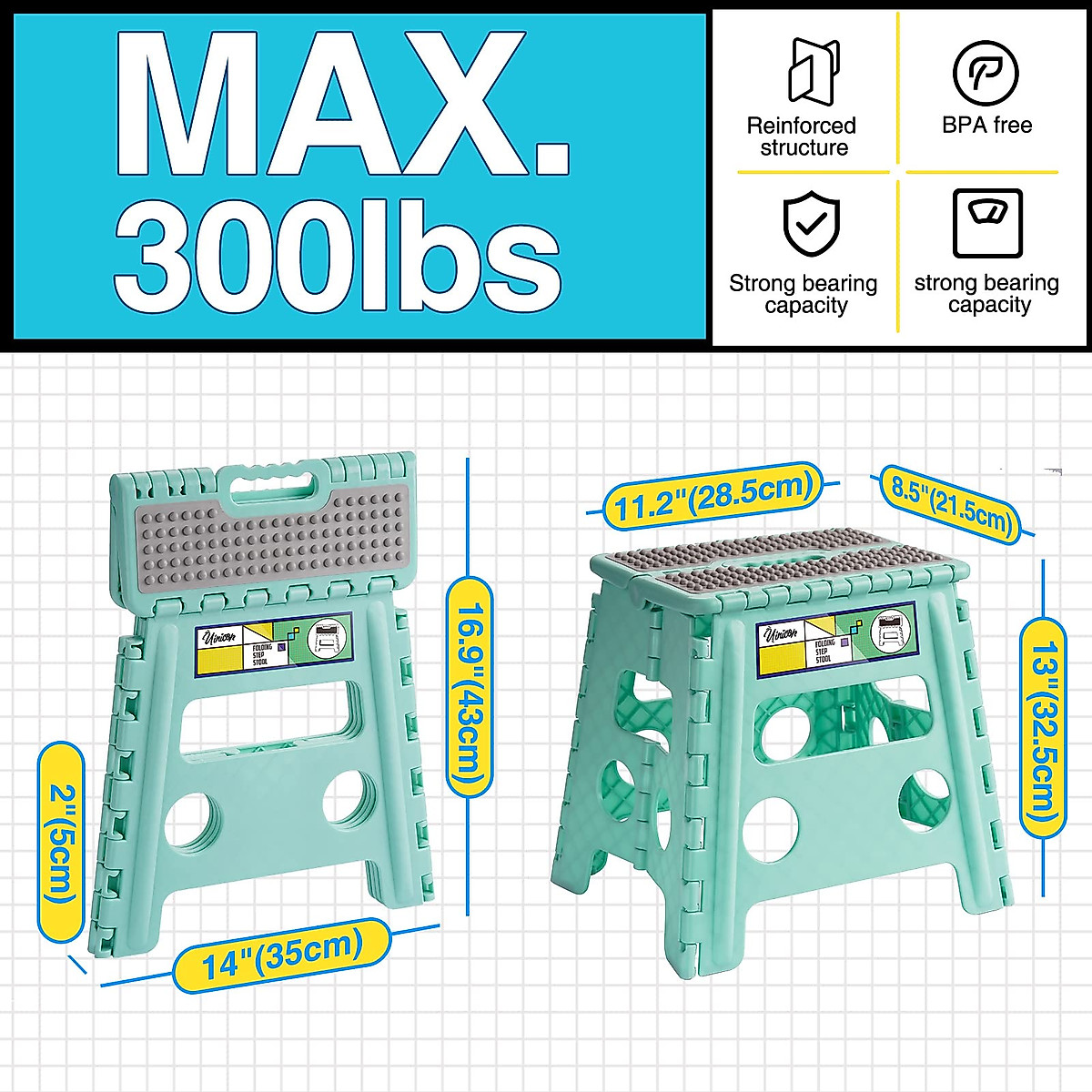 Uinicor 13" Folding Step Stool for Adults and Kids Holds Up to 300 lbs,Non-Slip Folding Stools with Handle, Compact Plastic Foldable Step Stool for Bathroom,Bedroom, Kitchen,Teal 1pc