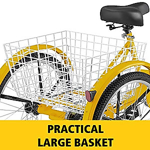 Happybuy 20/24/26 inch Adult Tricycle 1/7 Speed 3 Wheel Bike Adult Tricycle Trike Cruise Bike Large Size Basket for Recreation Shopping (Yellow, 26 Inch / 7 Speed)
