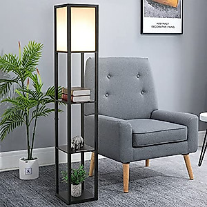 Battery Operated Floor Light with Remote Control,Wood Black Tall lamp with Shelves,Standing Light with Energy-Saving Light Bulb,Floor Light with Fabric lampshade,with Bulb+Remote+Charging Cable