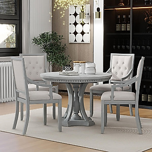 POCIYIHOME, Wood Two-Size Round to Oval Butterfly Leaf, 4 Upholstered Armrest, 4 (Antique Grey Oak), 5-Piece Extendable Dining Table/Chairs Set