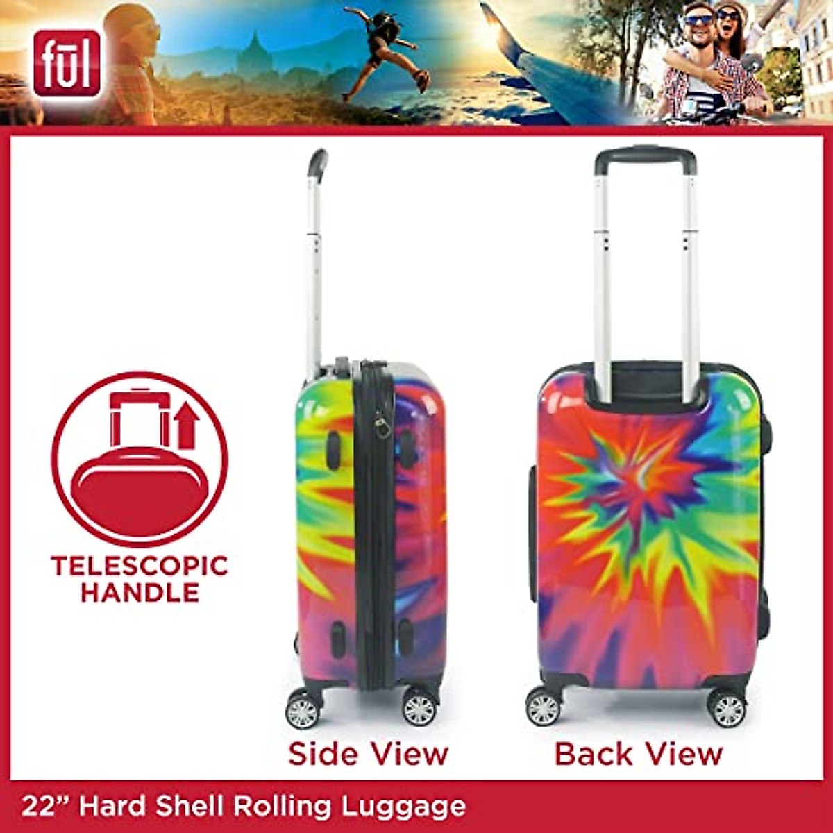 FUL Tie-Dye Swirl Carry-On Rolling Suitcase, Hardside Travel Luggage with Spinner Wheels, 22 Inches, Rainbow