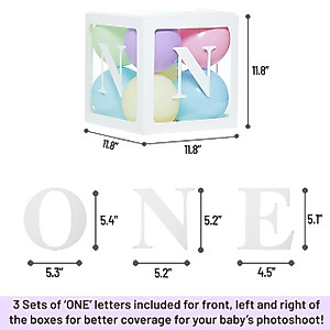 One Boxes for 1st Birthday WITH 24 Balloons for 1 Year Old Party - Baby first Birthday Decorations Clear Cube Blocks 'ONE' Letters as Cake Smash Photoshoot Props in Pastels Rainbow Unicorn Theme