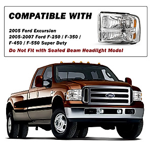 SOCKIR Headlight Assembly Compatible with 05 06 07 Ford F250 F350 F450 F550 Super Duty / 2005 Ford Excursion Driver and Passenger Side (Chrome Housing & Amber Reflector)