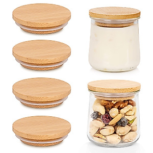 Oui Yogurt Jar Lids, Oui Yogurt Bamboo Jar Lids Set, Wooden Lids for Oui Yogurt Jars, Oui Yogurt Jars Lids with Silicone Sealing Rings, Cookie Glass Storage Lids, for 5 Oz Oui Yogurt Jars - 4 Pack