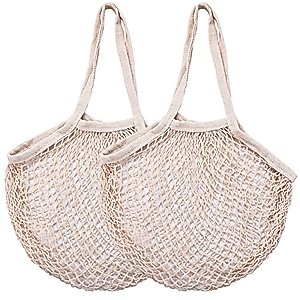 Eslazoer [2 pack completely Cotton string storage shopping bags, Ecology Reusable and washable mesh grocery bag, Portable long handle net tote beige