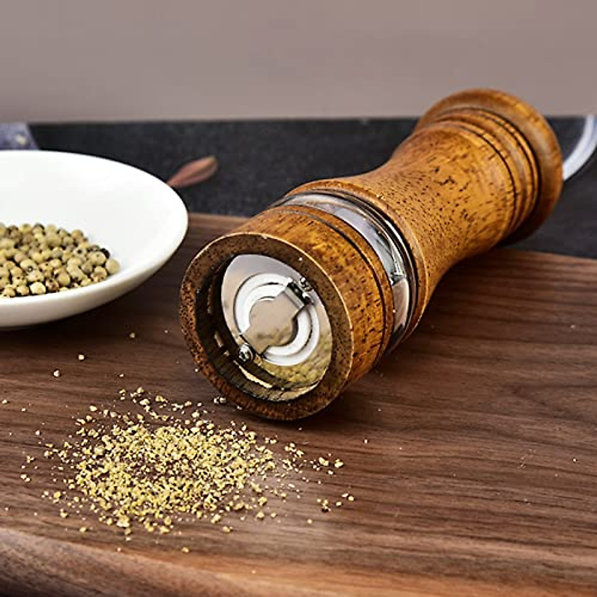 Funly mee 2 Pack Farmhouse Manual Wood Salt and Pepper Grinder Mills Sets, Refillable Mill Sets with Clear Acrylic Window - 6.5 In (6.5 inch Brown)
