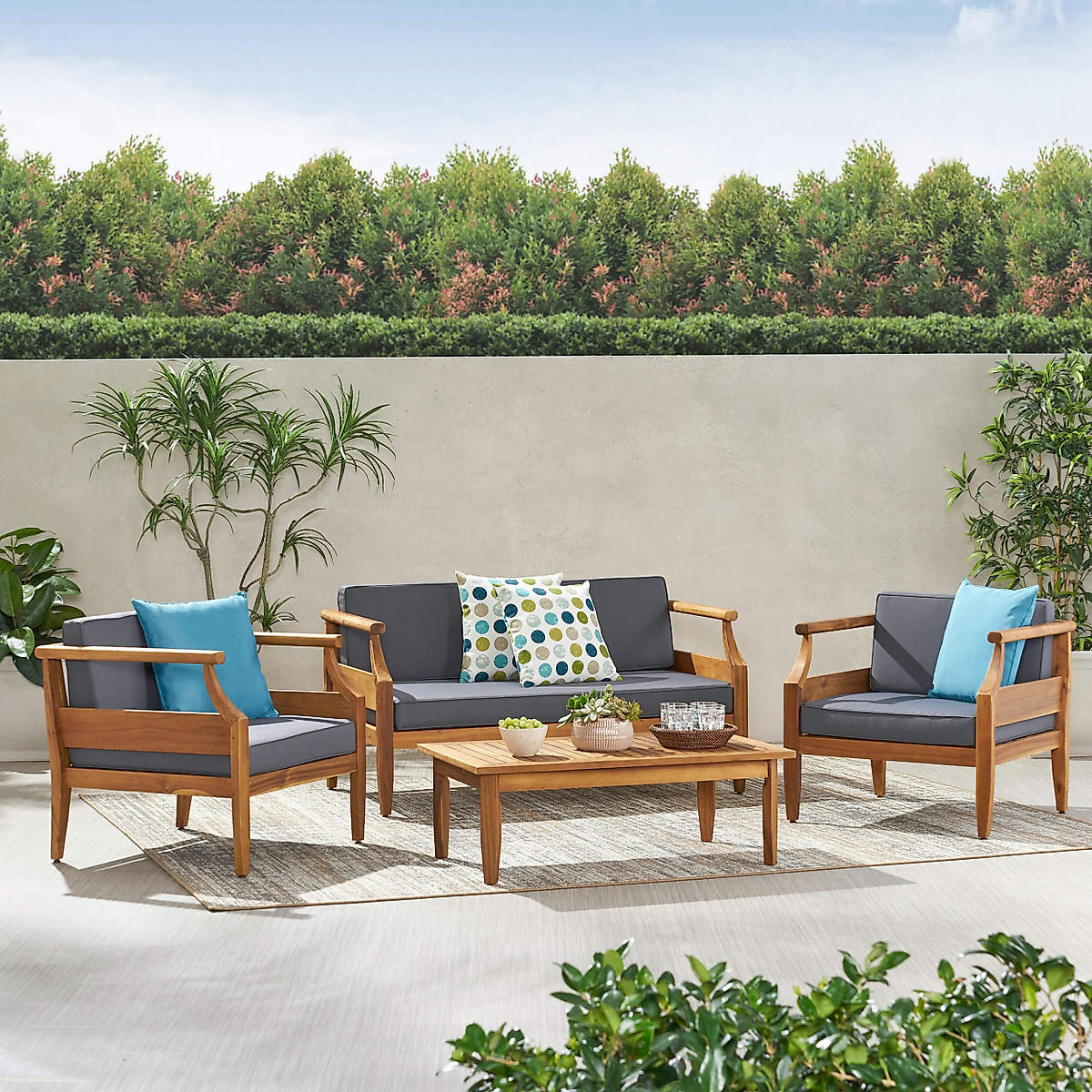 Christopher Knight Home Caitlyn Outdoor 4 Seater Chat Set with Cushions, Teak Finish, Dark Gray