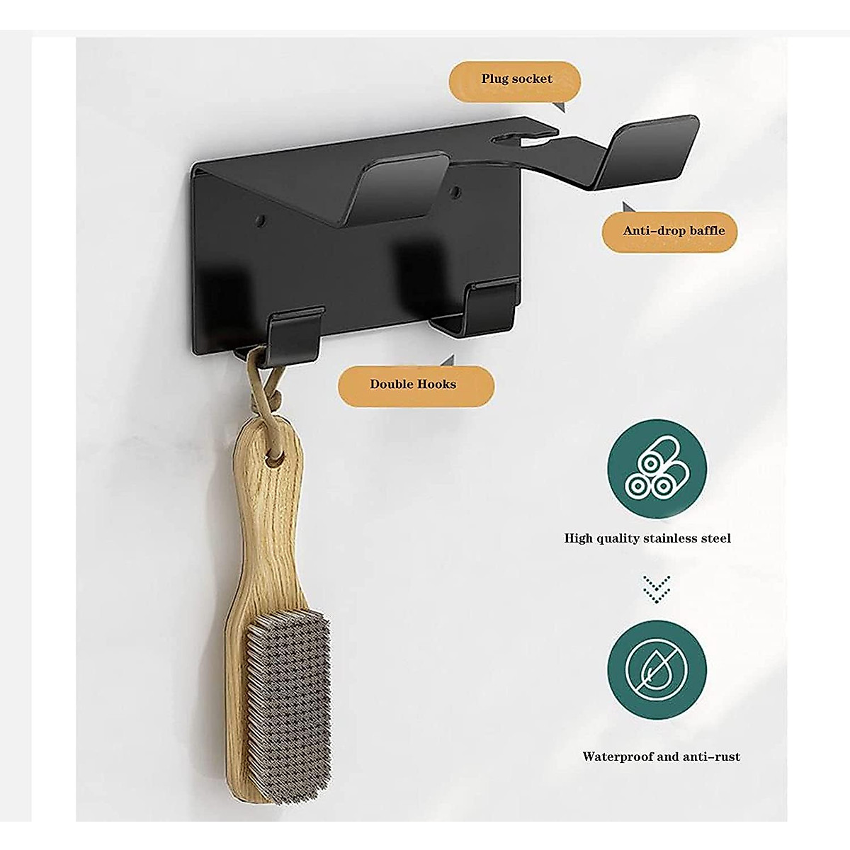 Bathroom Hair Dryer Holder Shelf Wall Mounted Bathroom Blow Dryer Rack Toilet No Punch Hair Dryer Storage Hanger（Black）