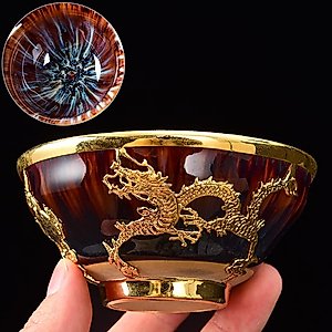Tea Cup Tenmoku Tea Cup Hand Inlaid Gold Dragon And Phoenix Cup, Kiln Transformation Colorful Master Cup, Kung Fu Tea Bowl Sake Teaware, Gift Box Packaging (Color : Dragon, Size : 3.8 oz)