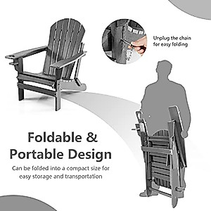 Giantex Folding Adirondack Chair, HDPE Patio Chairs Fire Pit Lounge Chair W/Retractable Ottoman & Cup Holder, Weatherproof Outdoor Adirondack Chairs for Porch, Garden, Backyard (2, Gray)