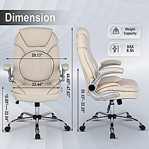 Comermax Modern Executive Office Chairs with Lumbar Support, 90-120° Rocking Managerial Chair Ergonomic PU Leather Home Office Desk Chairs with Wheels, Flip-up Arms & Back Support (White)