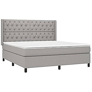loibinfen Queen Fabric Box Spring Bed with Mattress Set,Included 1 x Bed Frame/1 x Headboard with Ears-A/1 x Mattress/1 x Mattress Topper, Light Gray with Black Legs(Style F)