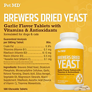 Pet MD Garlic & Brewers Yeast for Dogs & Cats - Garlic and Yeast Plus Antioxidants - Brewer's Yeast Tablets for Dogs & Cats - Vitamin B 1 & Vitamin C - 500 ct