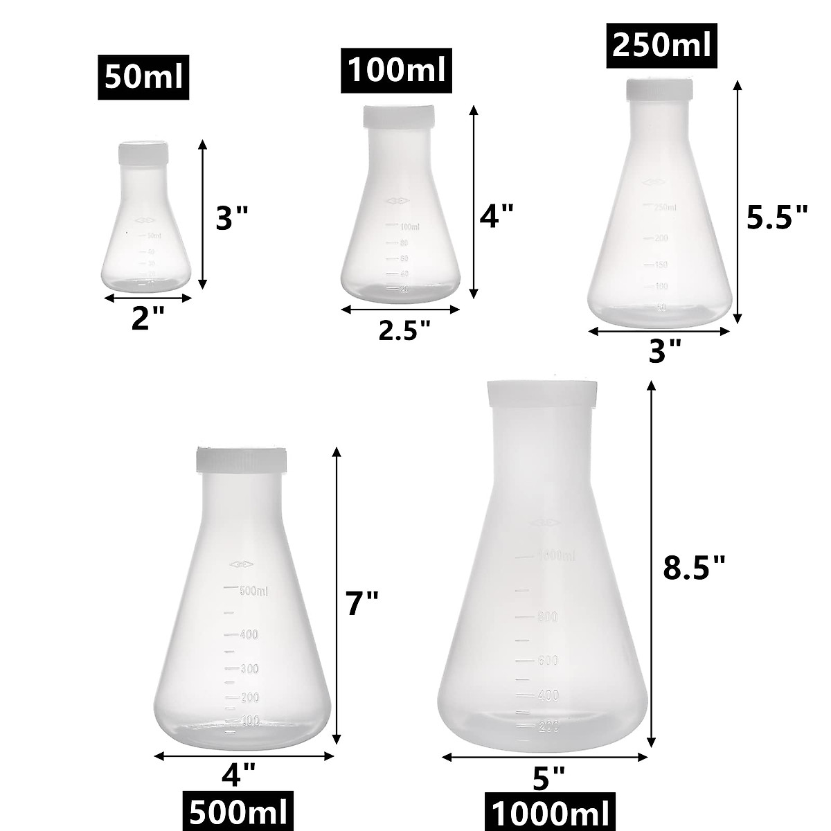 Peohud Set of 10 Scientific Plastic Erlenmeyer Flasks, Narrow Mouth Erlenmeyer with Screw Caps, Lab Erlenmeyer Flask with Molded Graduations(50ml, 100ml, 250ml, 500ml, 1L)