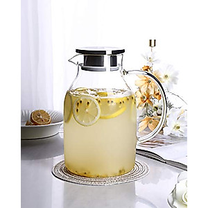 Kanwone 75oz Glass Pitcher with Stainless Steel Lid and Spout, Heat Resistant Borosilicate Glass Water Carafe for Sun Tea, Lemonade, Homemade Juice, Milk or Hot Beverages