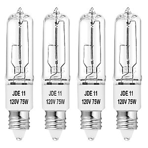 4-Pack JDE11 120V 75W Halogen JDE11 75W Bulb Warm White 75 Watt T4 E11 Bulb JD E11 T4 75W for Chandeliers, Pendants, Table Lamps, Cabinet Lighting, Mini-Candelabra Base T4 Bulb, by BluexBulbs