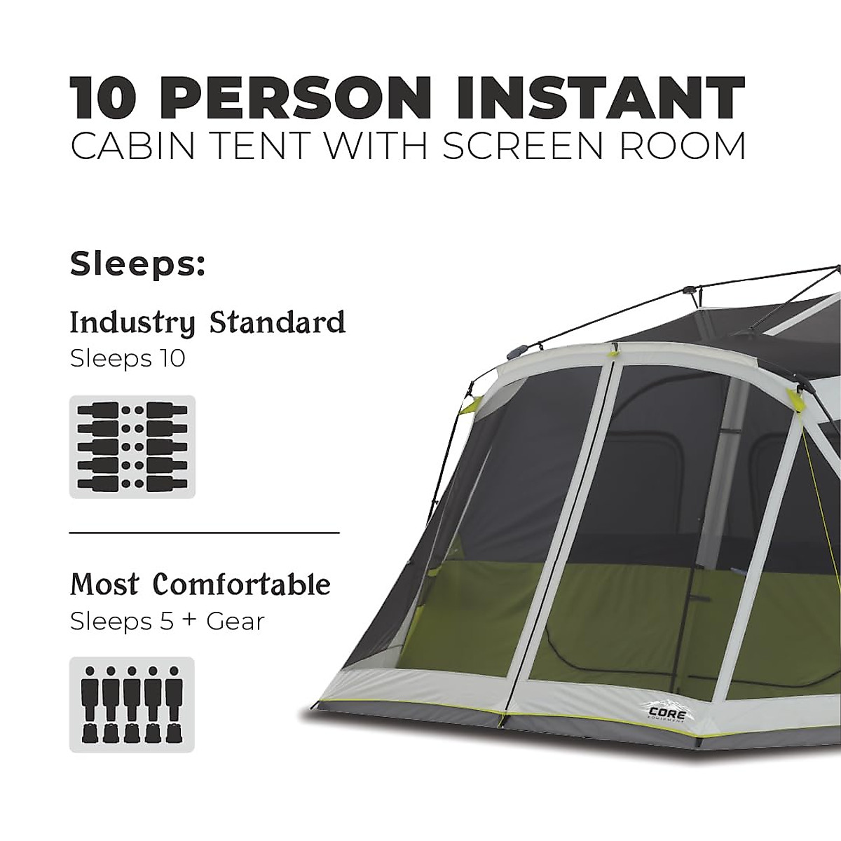 CORE 10 Person Instant Cabin Tent | 2 Room Huge Tent with Screen Room for Family with Storage Pockets for Camping Accessories | Portable Large Pop Up Tent for 2 Minute Camp Setup