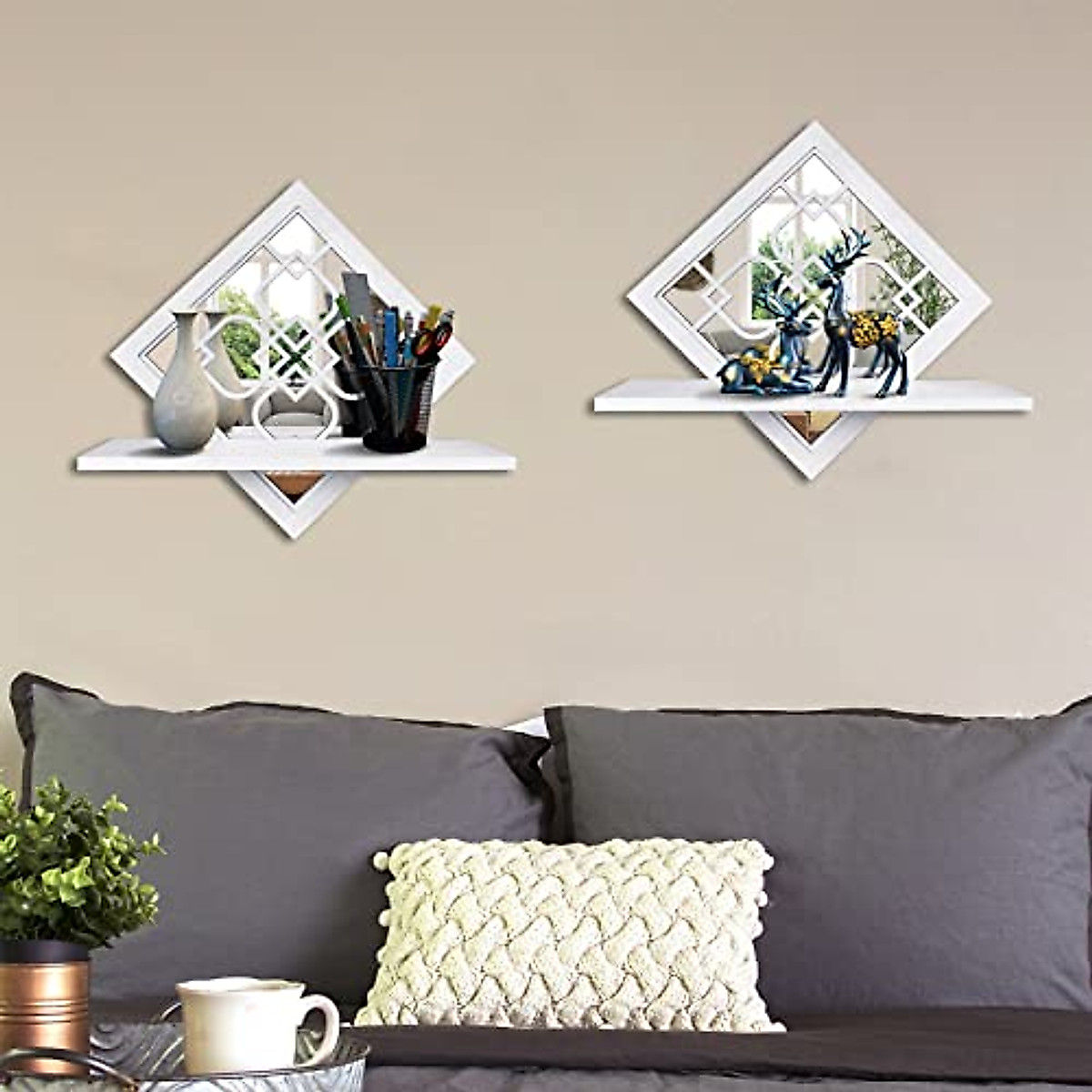 ZEXUIRU 2 Set Mirrored Shelves Wall Decor Wood Rustic Floating Shelves Geometric Diamond Shape Carving Frame Hanging Wall Art (White Set)