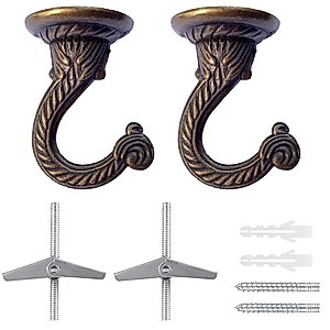 OBSTKUCHEN 2 Sets Large Swag Ceiling Hooks Heavy Duty Swag Hook with Hardware for Hanging Plants Ceiling Installation Cavity Wall Fixing (2 Sets Antique Brass)
