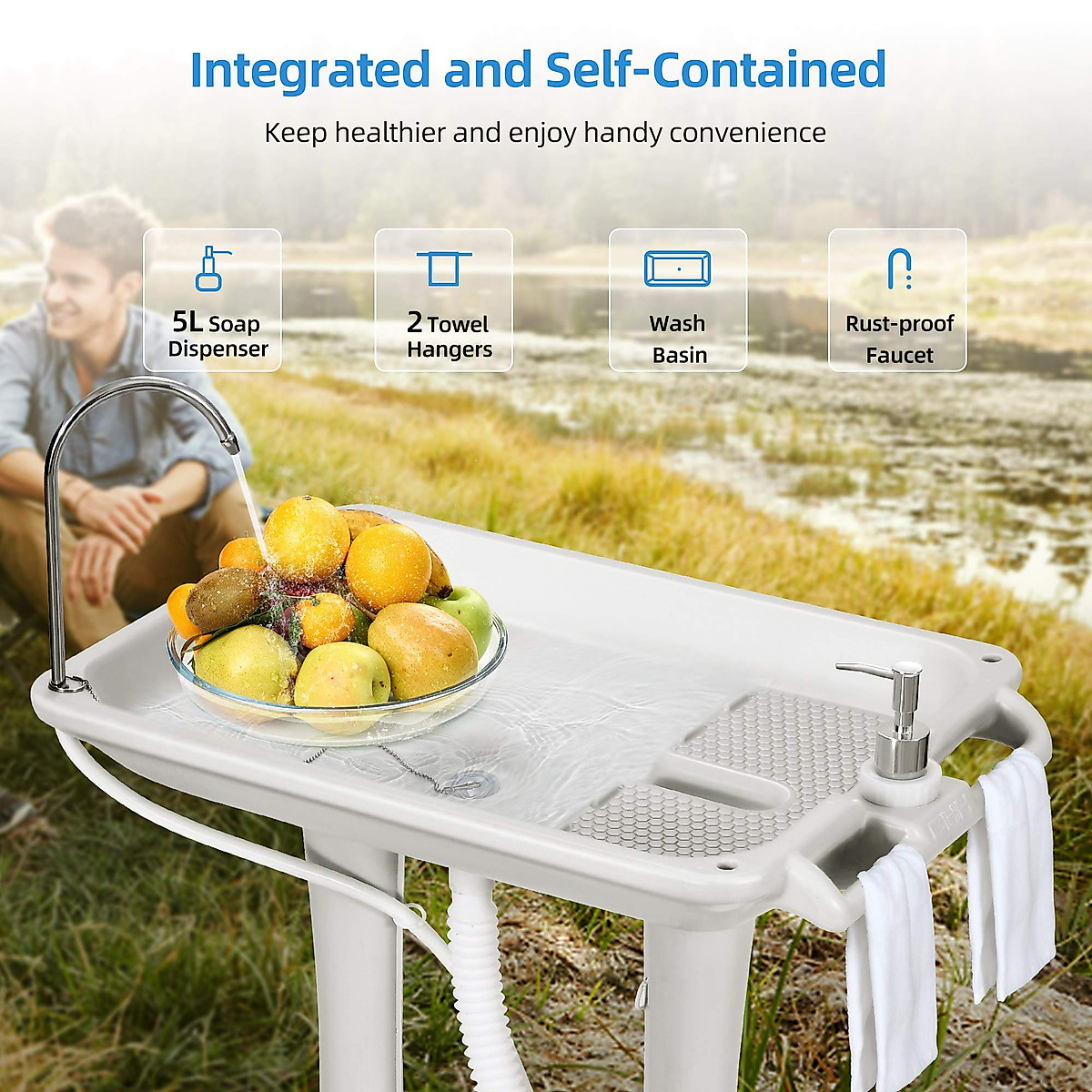 YITAHOME Portable Camping Sink with Rolling Wheels, Hand Washing Station with 30 L Water Capacity, Soap Dispenser, Towel Holder, Ideal for Outdoor, Travel, Boat, Gather, Wedding, Worksite, White