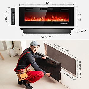 Rintuf 50 Inch Electric Fireplace in-Wall Recessed and Wall Mounted, Fireplace Heater and Linear Fireplace with Multicolor Flame, Timer, 750/1500W Control by Touch Panel & Remote