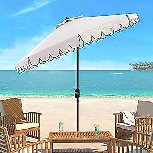 Safavieh PAT8010E Collection Venice White and Black Single Scallop 9Ft Crank Outdoor Push Button Tilt Umbrella