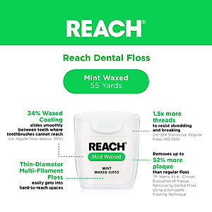 Reach Waxed Dental Floss | Effective Plaque Removal, Extra Wide Cleaning Surface | Shred Resistance & Tension, Slides Smoothly & Easily, PFAS FREE | Mint Flavored, 55 Yards, 1 Pack