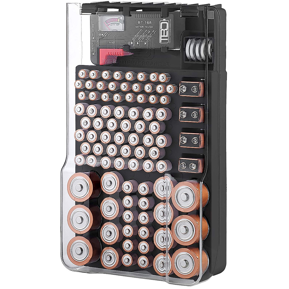 The Battery Organizer and Tester with Cover, Battery Storage Organizer and Case, Holds 93 Batteries of Various Sizes, Includes a Removable Battery Tester, Battery Holder for Garage Organization, White