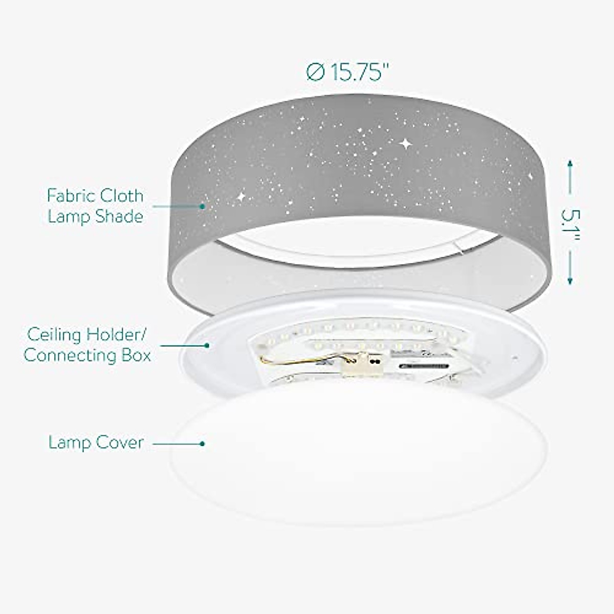 Navaris Flush Mount Ceiling Light - 15.75" Diameter Drum Lamp Shade LED Fixture with Sparkling Star Effect - Bedroom or Nursery Lighting - Light Gray